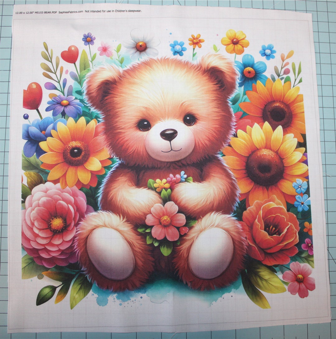 Floral Teddy Bear 100% Cotton Fabric Panel Block | Small Sewing ...