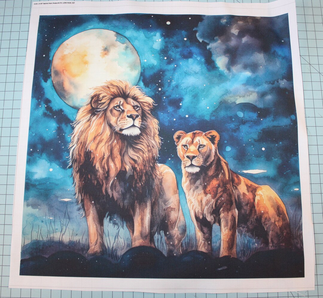 Lions Moon 100% Cotton Fabric Panel Block Small Sewing Quilting Square ...