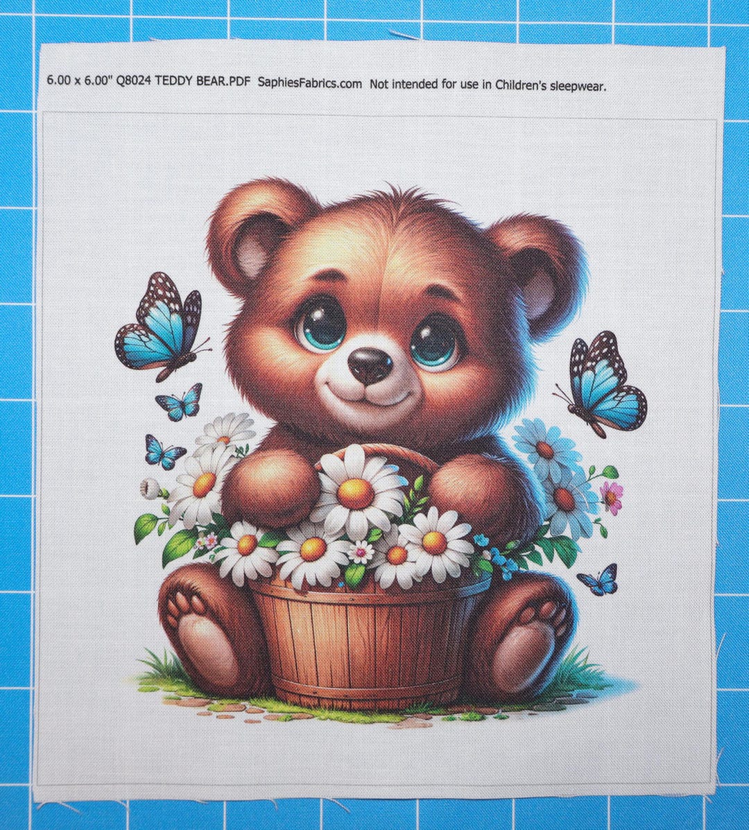 Teddy Bear & Butterflies 100% Cotton Fabric Panel Block | Small Sewing ...