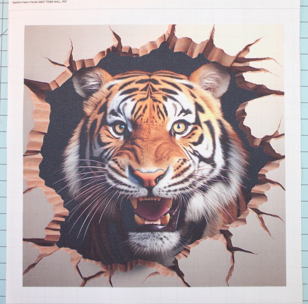 Tiger Busting Through Wall 100% Cotton Fabric Panel Square Small ...