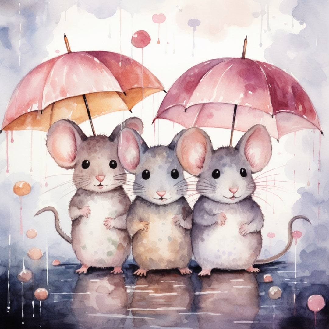 Mice in the Rain 100% Cotton Fabric Panel Square Small Quilting Sewing ...