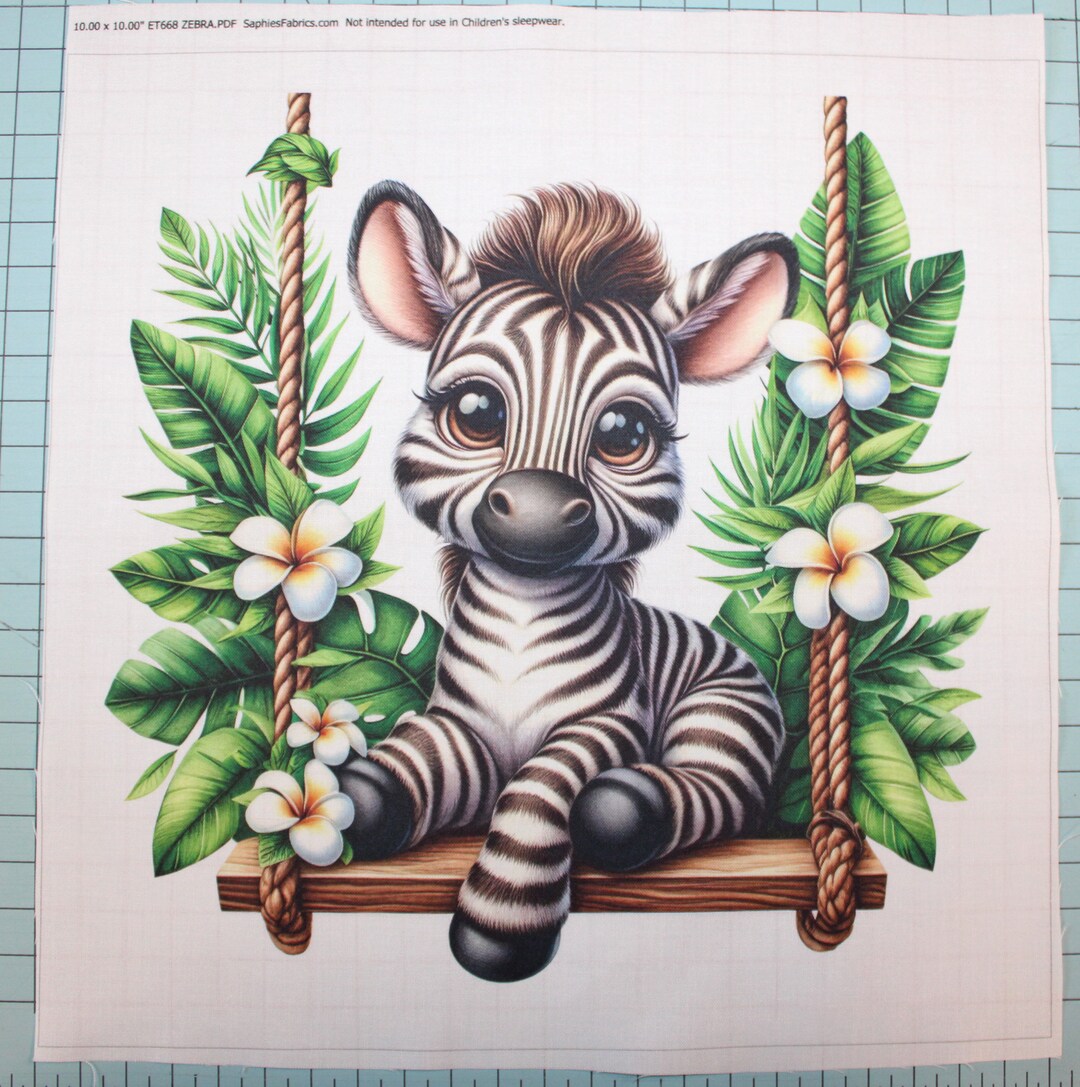 Zebra on Swing 100% Cotton Fabric Panel Block | Small Sewing Quilting ...