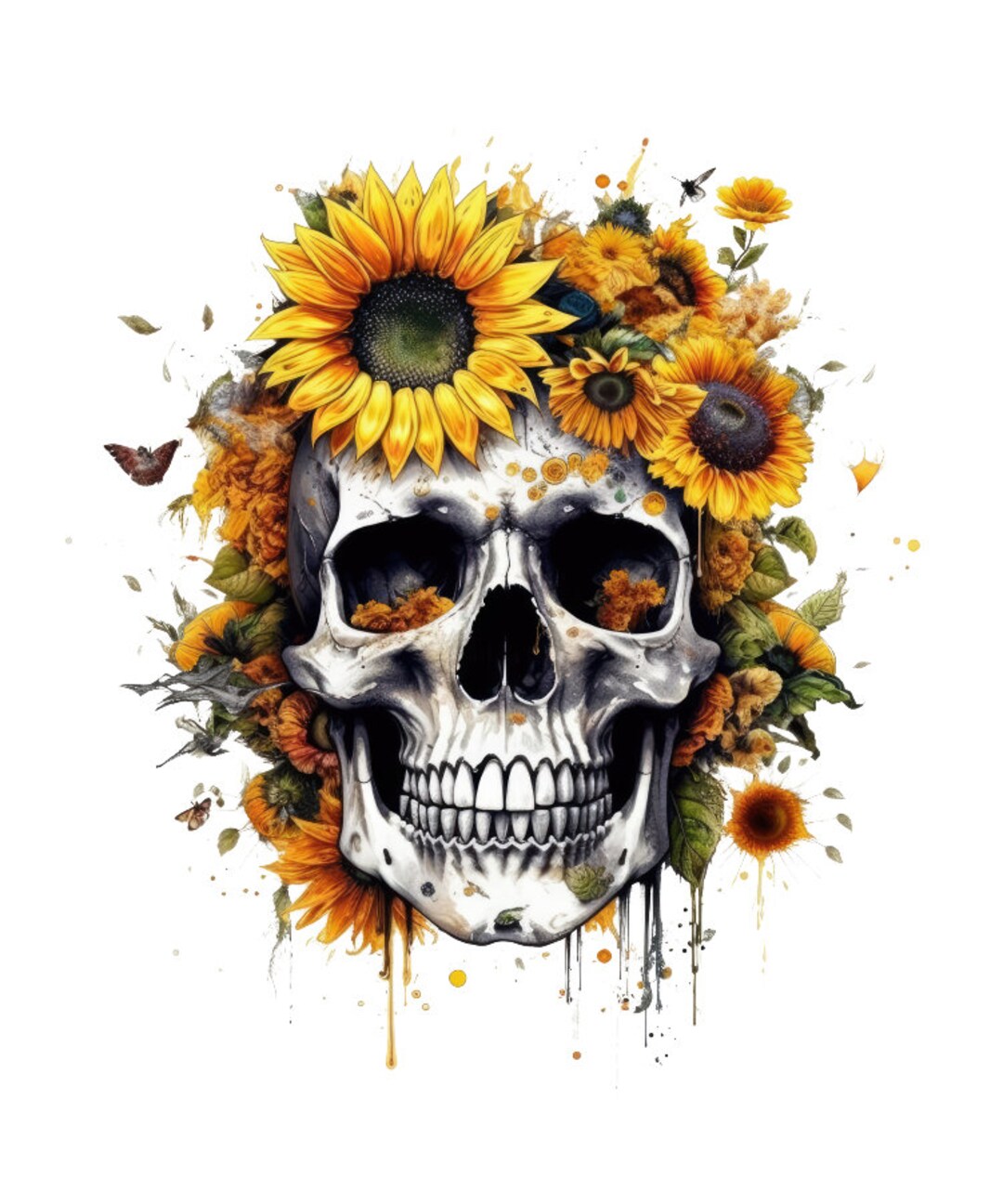 Sunflowers Skull 100% Cotton Fabric Panel Square Small Sewing Quilting ...
