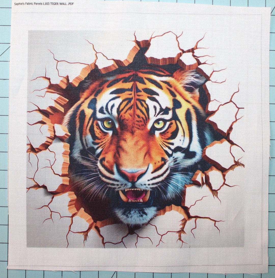 Tiger Busting Through Wall 100% Cotton Fabric Panel Square Small ...