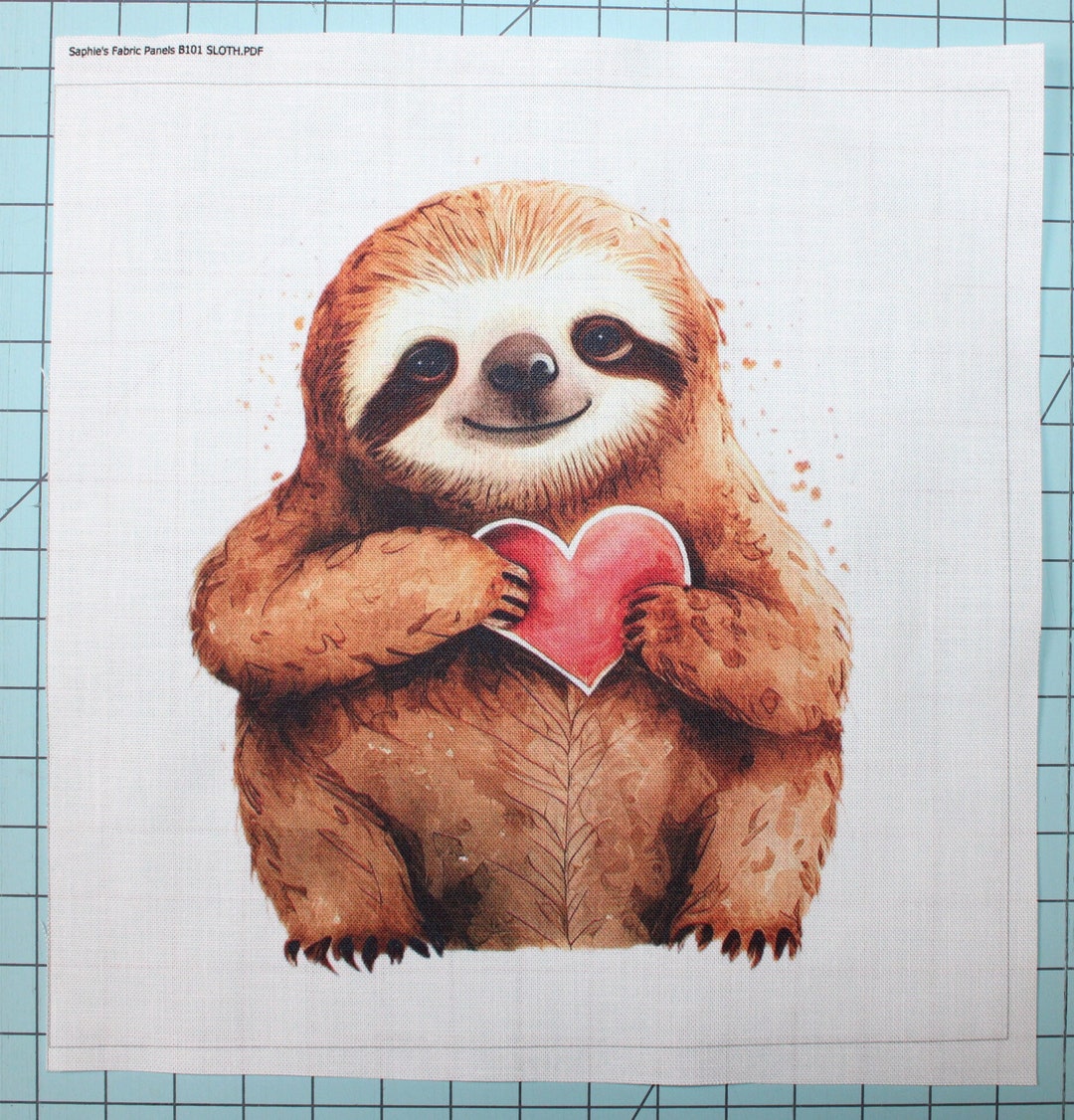 Sloth With Heart 100% Cotton Fabric Panel Square Small Sewing Block ...