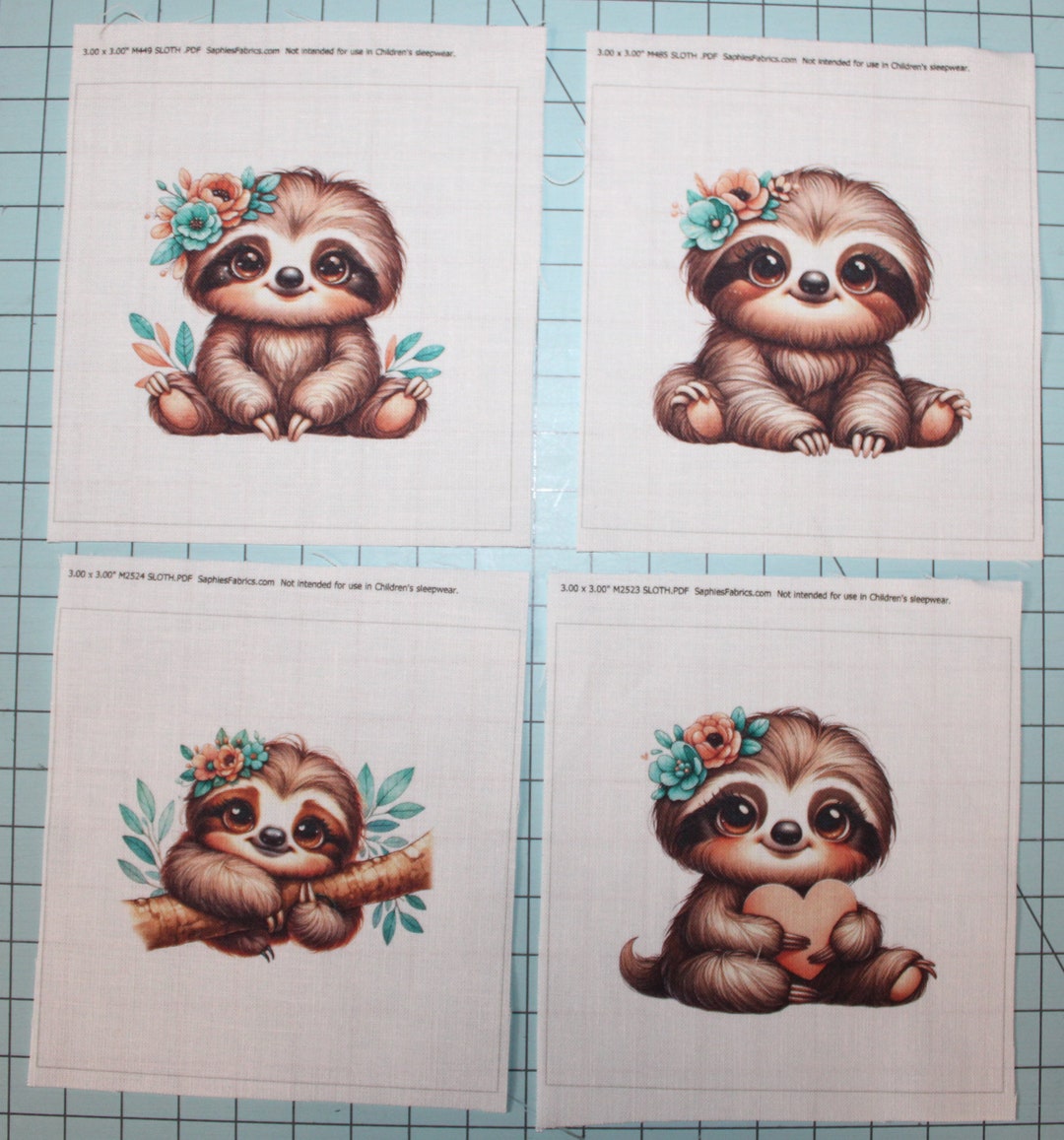 4 Piece 3x3 Sloths Fabric Panel Blocks 100% Cotton Mini Fabric Squares ...