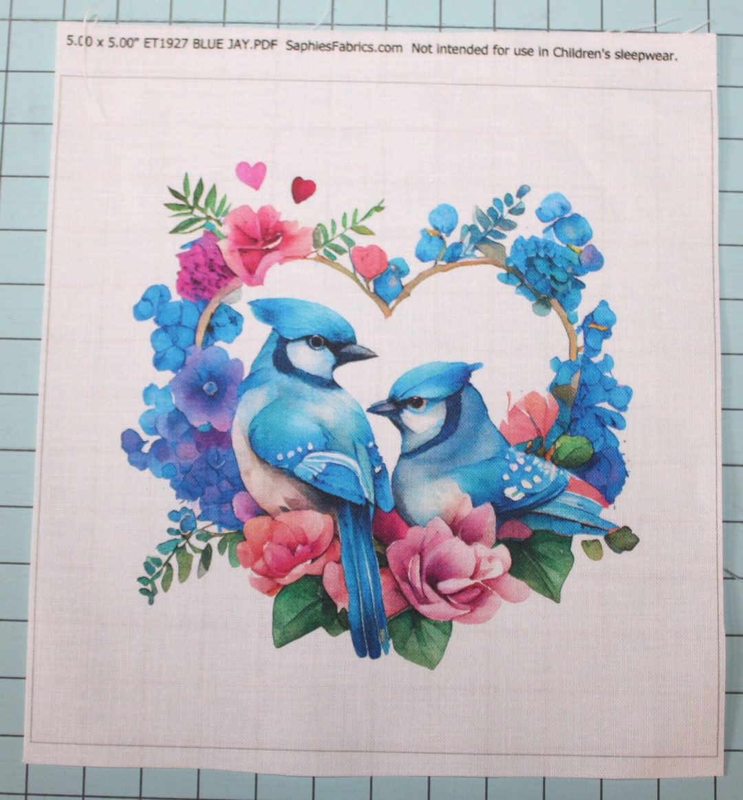 Blue Jay Bird Floral 100% Cotton Fabric Panel Square Small Quilting ...