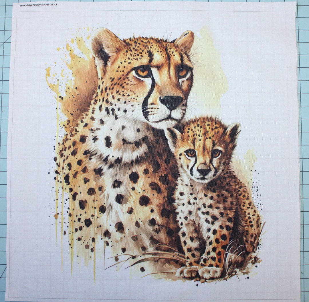 Cheetah & Cub 100% Cotton Fabric Panel Block Small Quilting Sewing ...