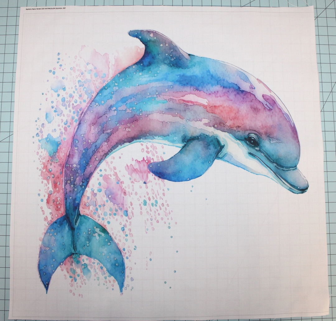 Watercolor Dolphin 100% Cotton Fabric Panel Square Small Quilting ...