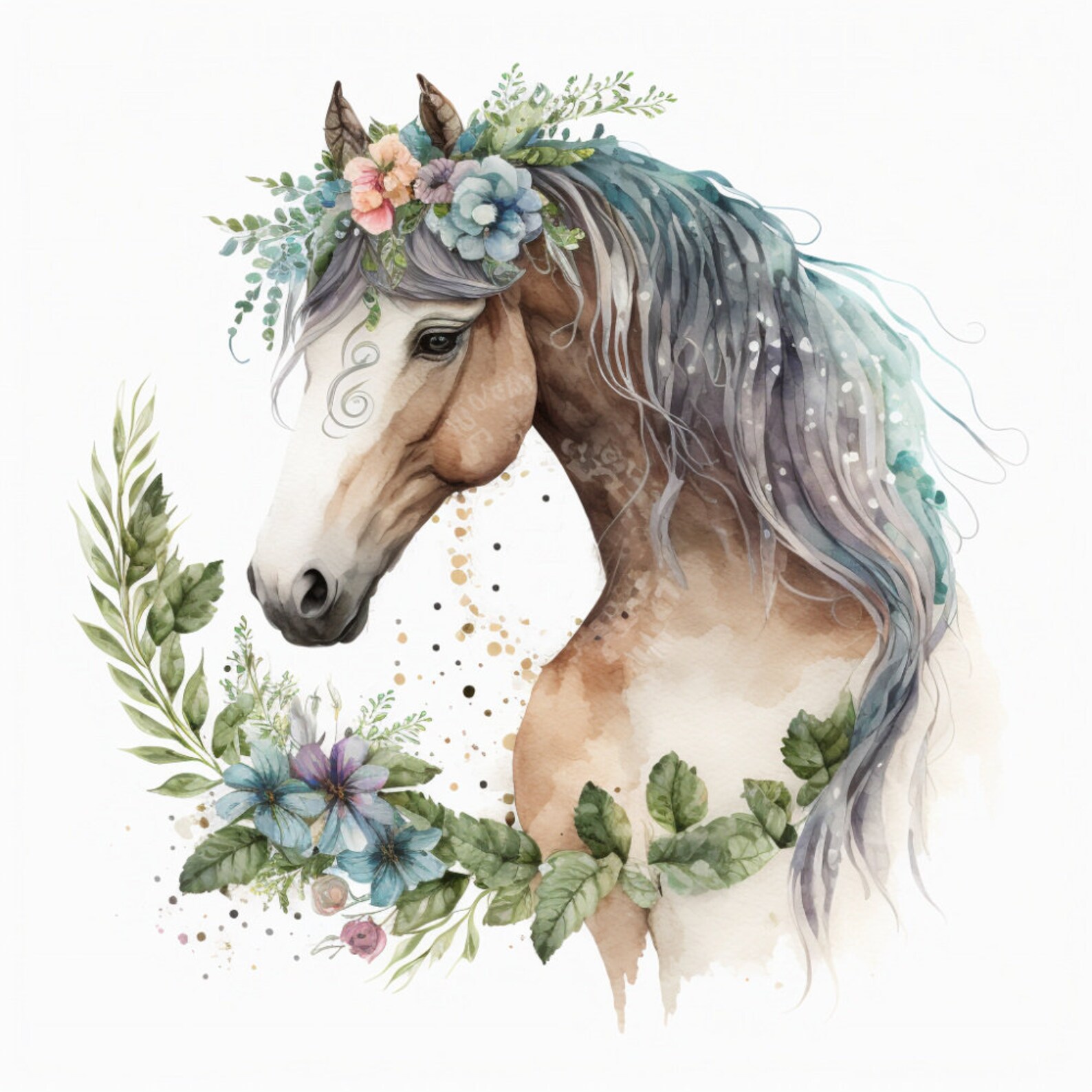 Watercolor Boho Horse Floral 100% Cotton Fabric Panel Square - Etsy