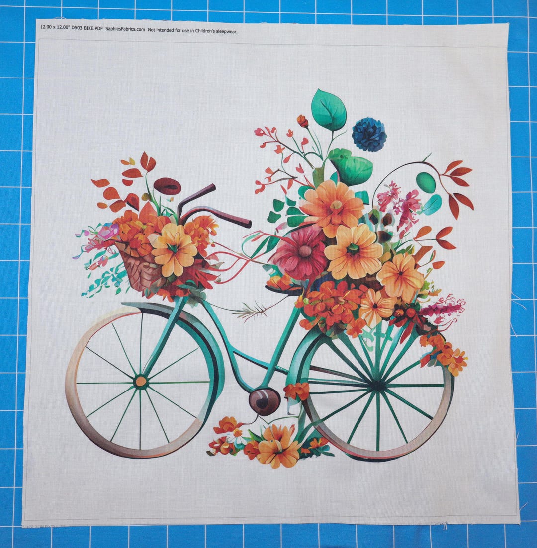Floral Bicycle 100% Cotton Fabric Panel Block | Small Sewing Quilting ...