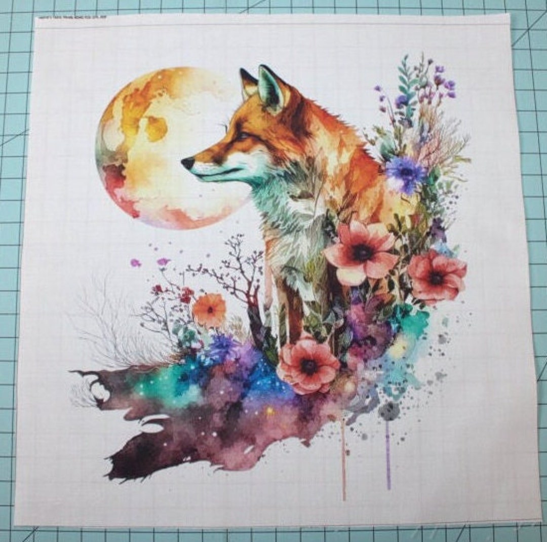 Floral Fox Moon 100% Cotton Fabric Panel Square Small Sewing Quilting ...