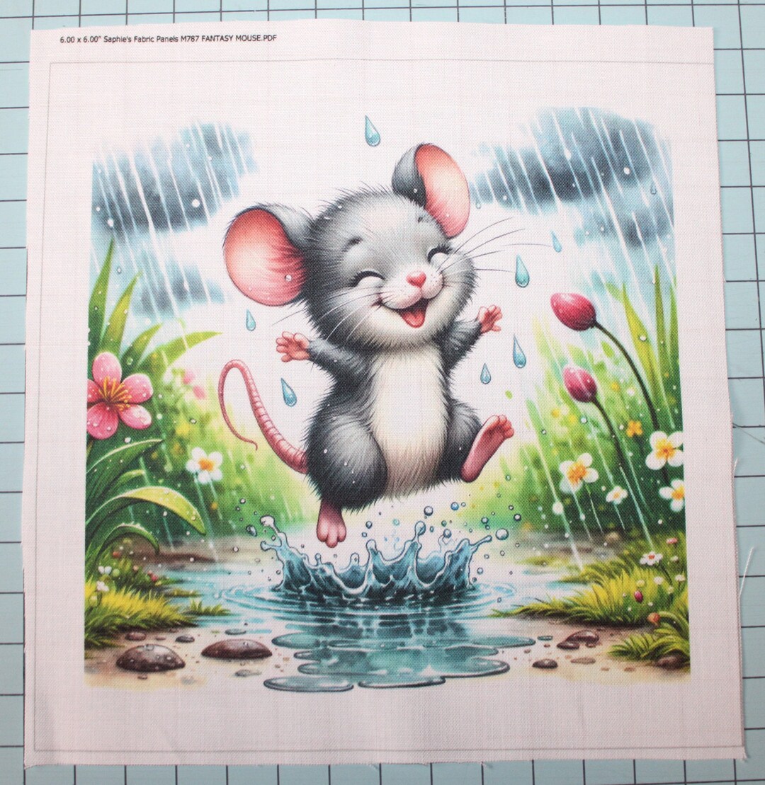 Mouse Jumping Over Puddle 100% Cotton Fabric Panel Block | Small Sewing ...
