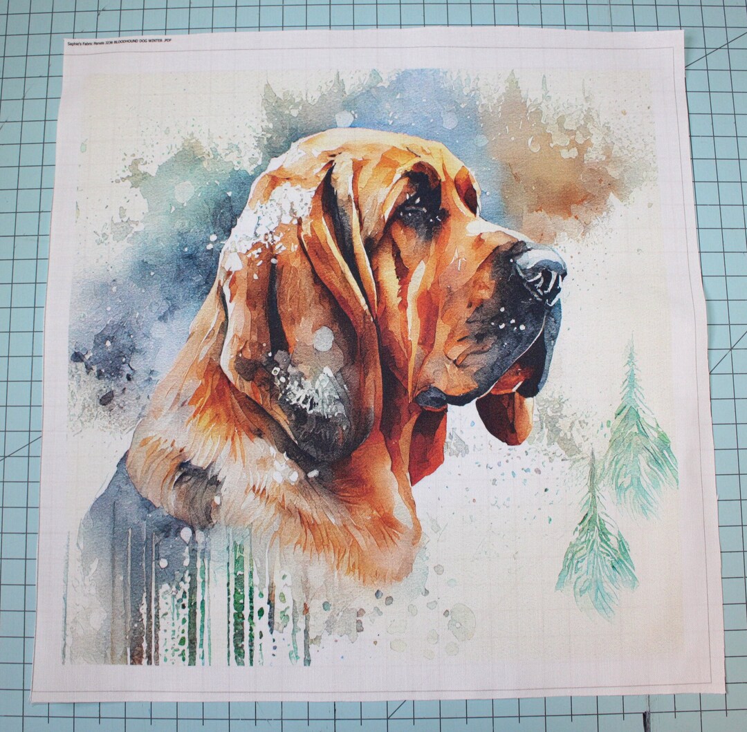 Winter Bloodhound Dog 100% Cotton Fabric Panel Square Small Quilting ...