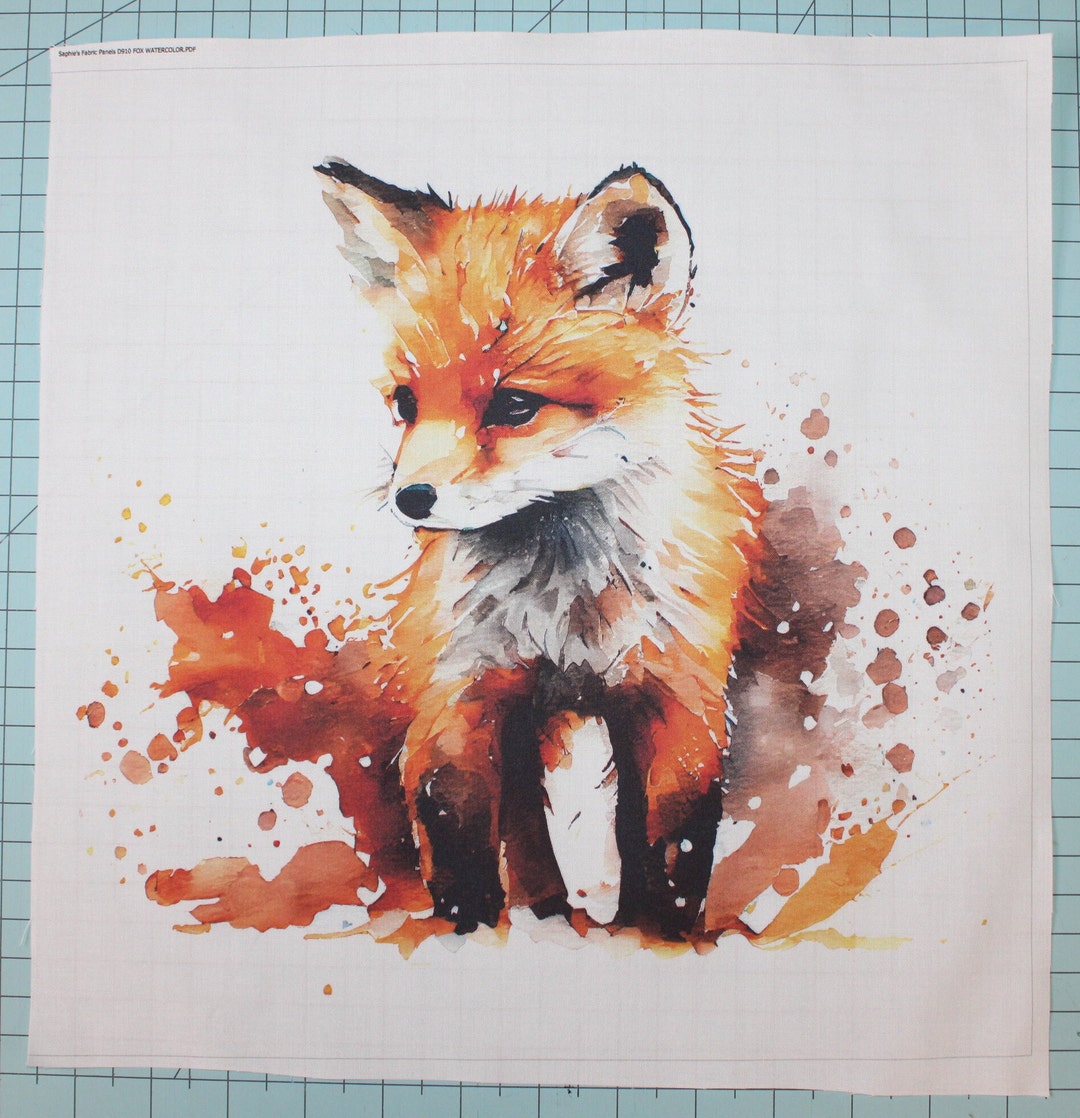 Watercolor Fox 100% Cotton Fabric Panel Square Small Quilting Sewing ...