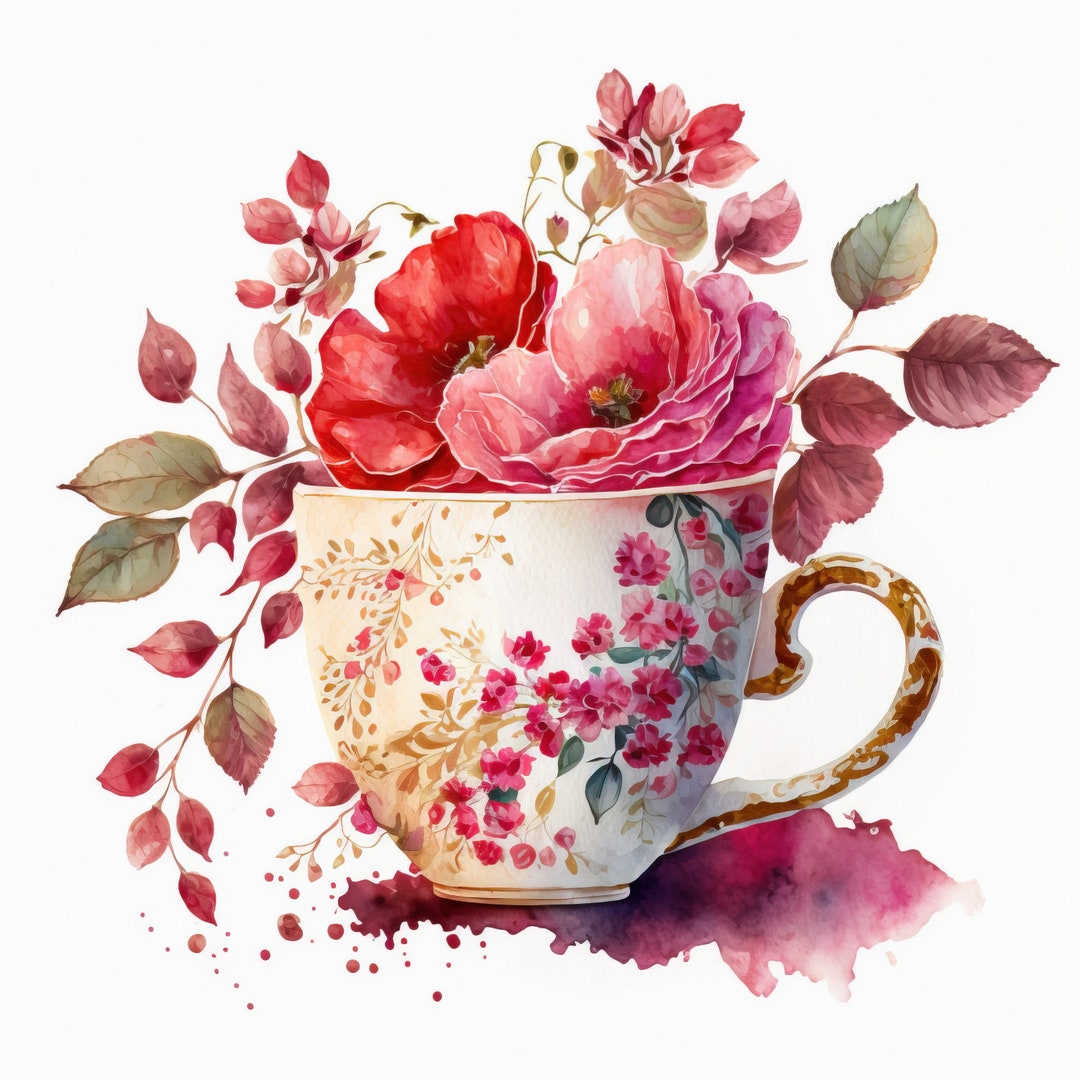 Pink Red Floral Tea Cup 100% Cotton Fabric Panel Square - Etsy