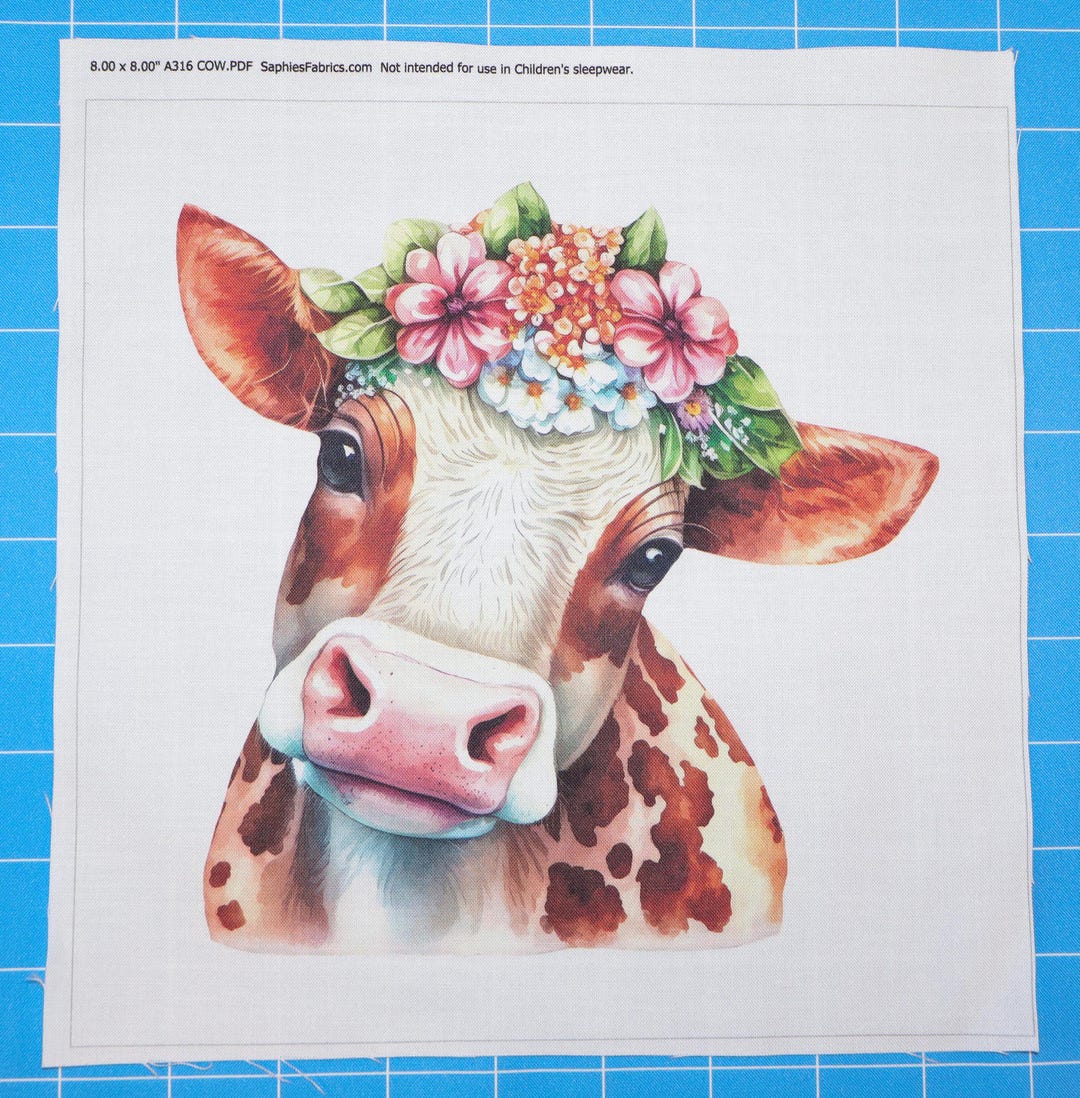 Floral Cow 100% Cotton Fabric Panel Block | Small Sewing Quilting ...