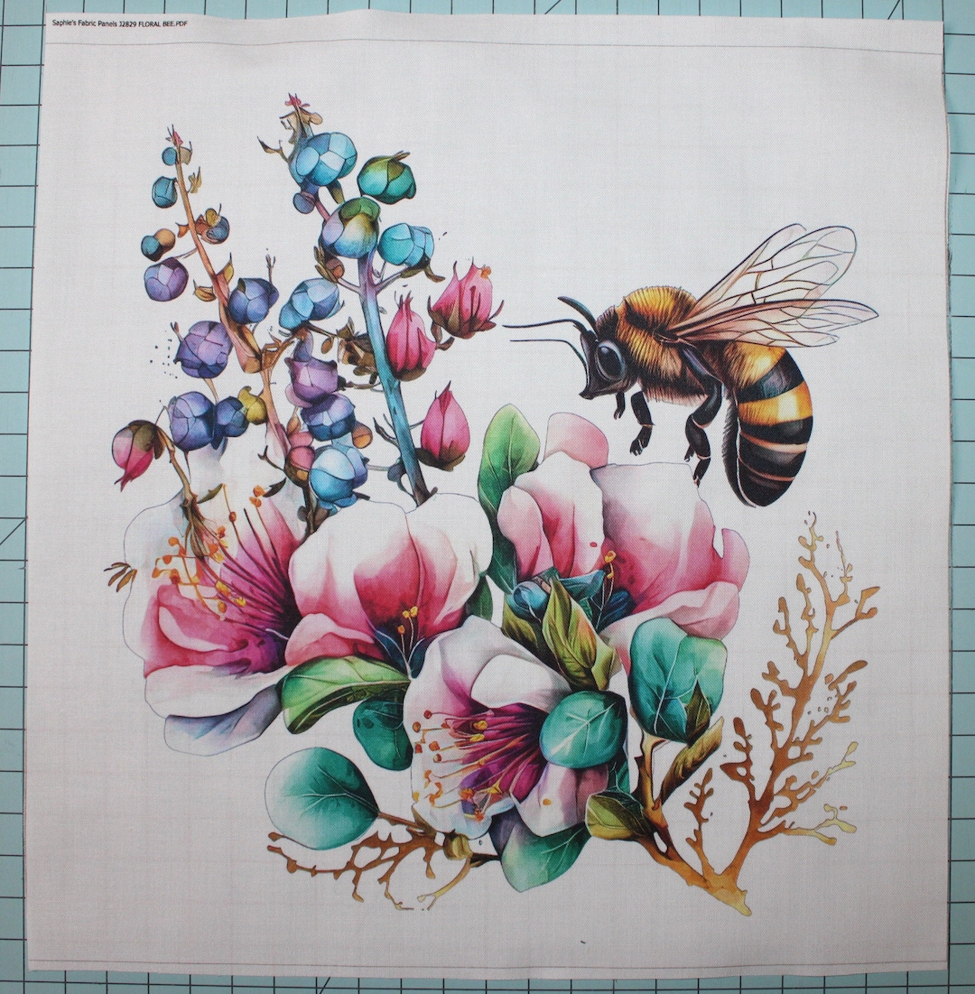 Floral Bee Flowers 100% Cotton Fabric Panel Square Small Quilting ...