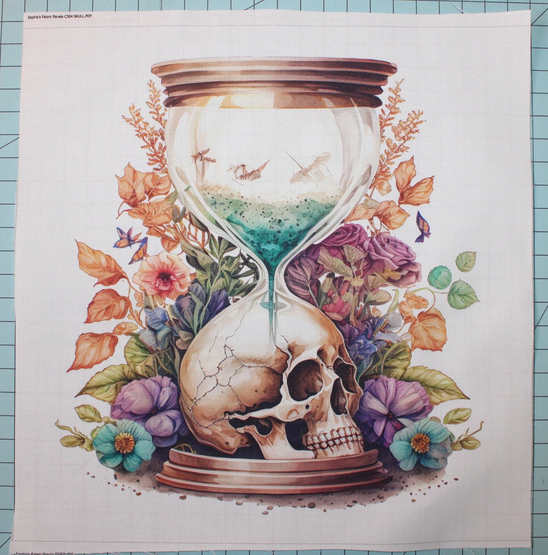 Hourglass Skull Floral 100% Cotton Fabric Panel Square Small Quilting ...
