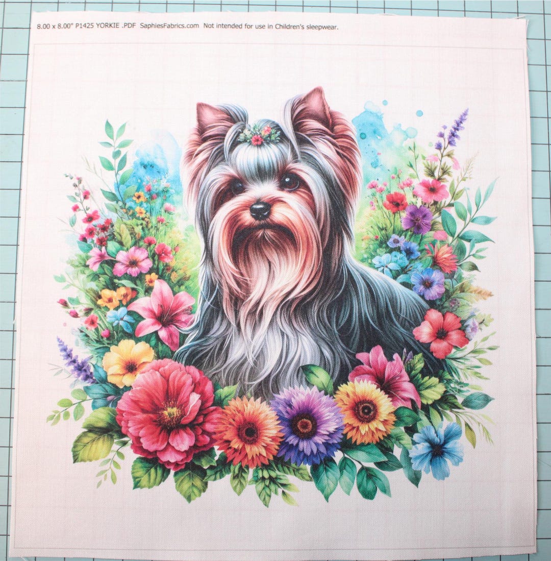 Floral Yorkie Yorkshire 100% Cotton Fabric Panel Block | Small Quilting ...
