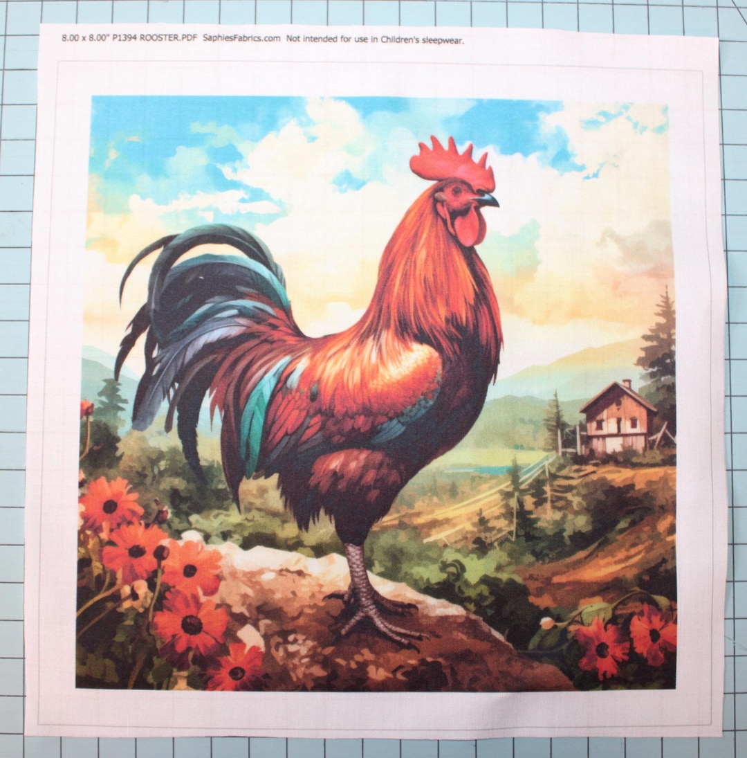 Rooster 100% Cotton Fabric Panel Block | Small Sewing Quilting Square ...