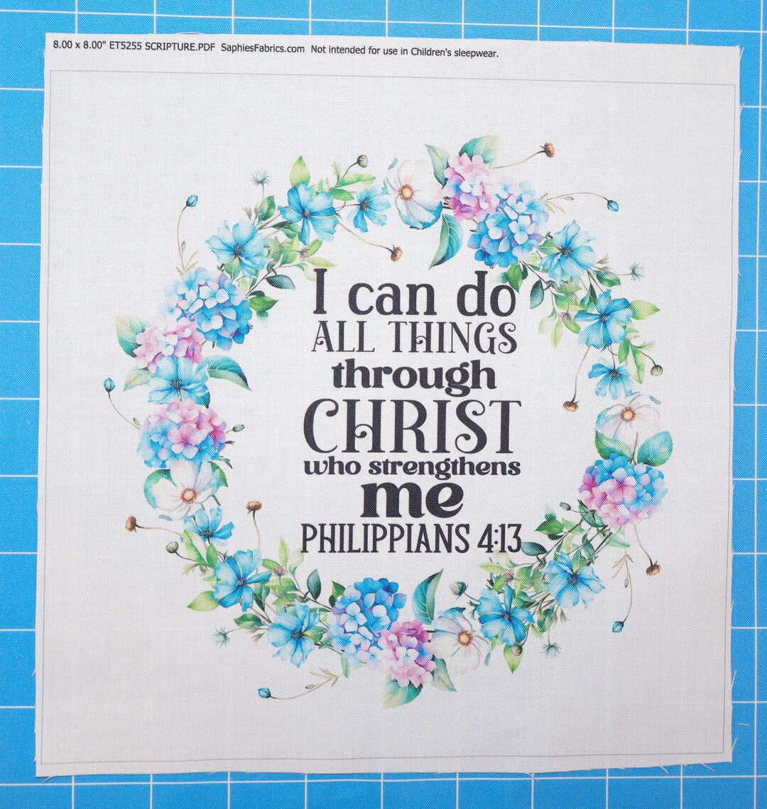 Philippians 4:13 Bible Verse 100% Cotton Fabric Panel Block | Small ...
