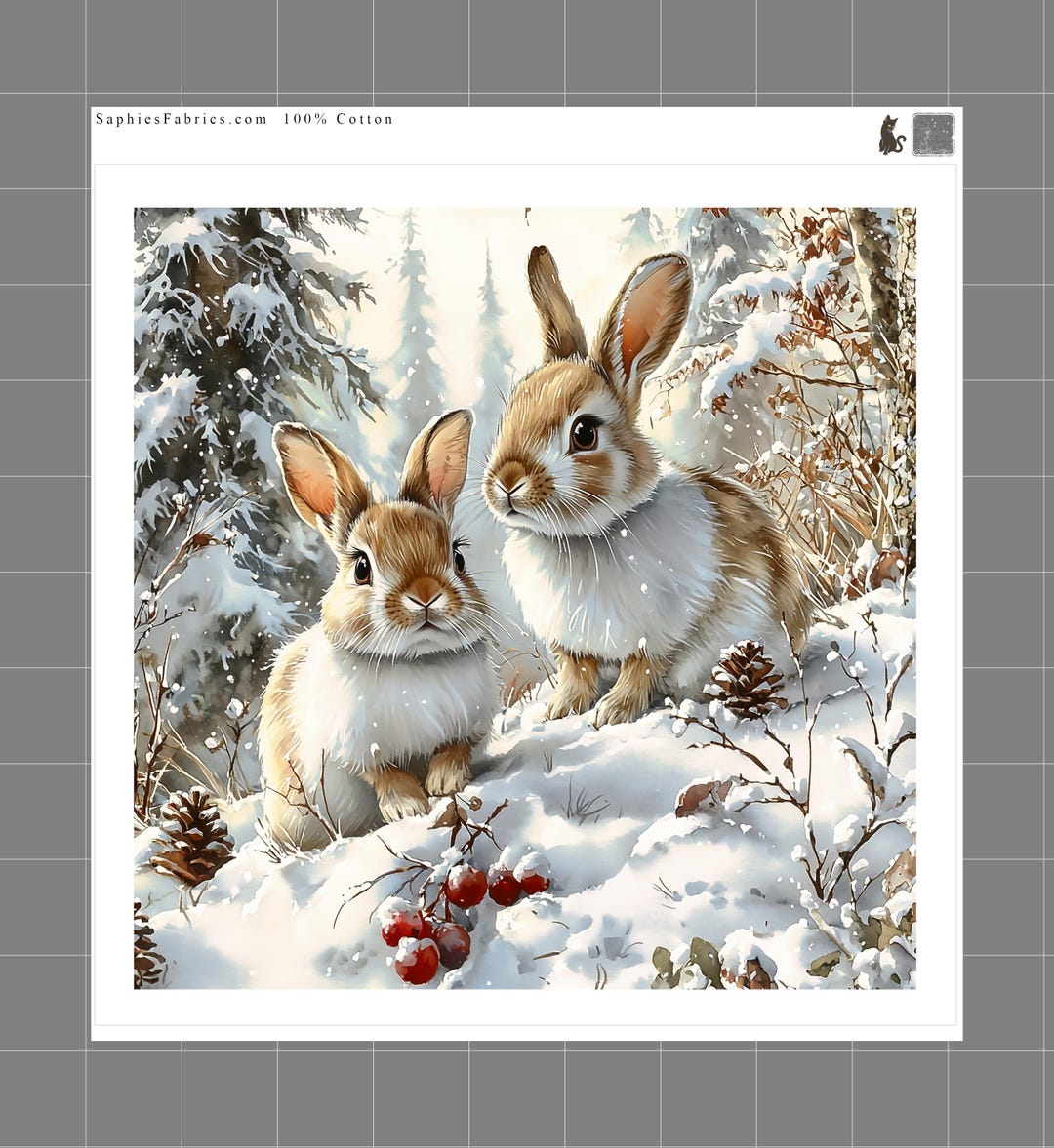 Winter Rabbits Bunnies 100% Cotton Fabric Panel Block Quilt Square ...