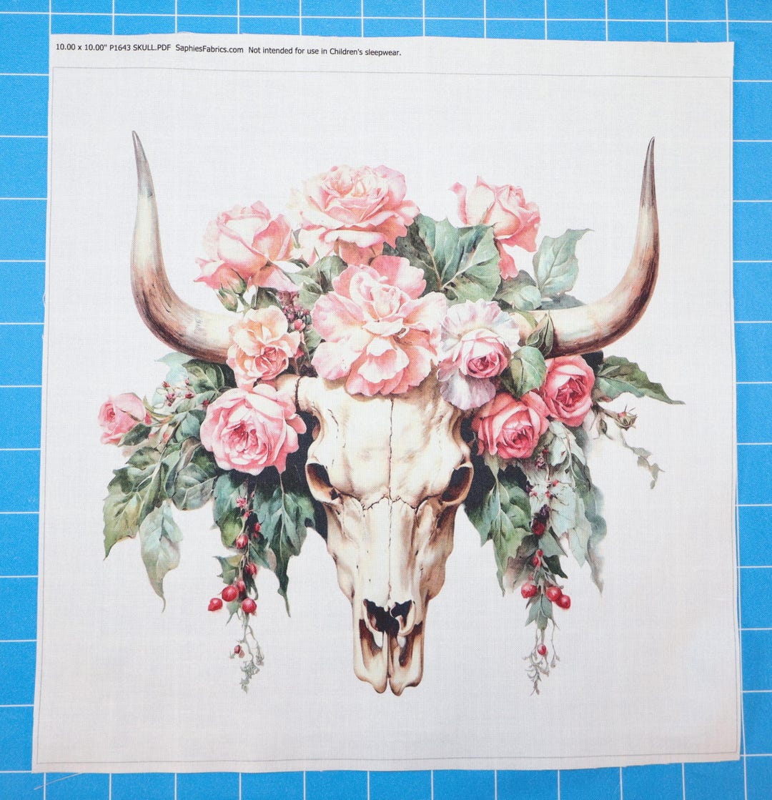 Floral Cow Skull 100% Cotton Fabric Panel Block | Small Sewing Quilting ...