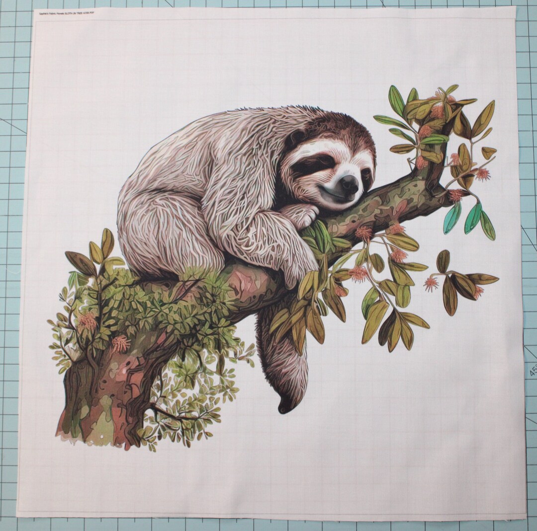 Sloth in Tree 100% Cotton Fabric Panel Square Small Quilting Sewing ...
