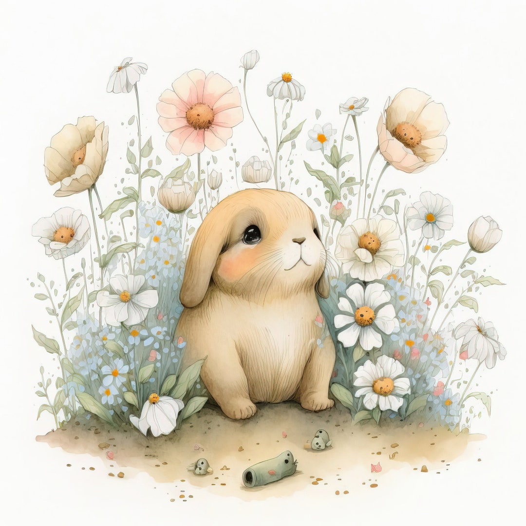 Bunny Rabbit Flowers 100% Cotton Fabric Panel Square - Etsy