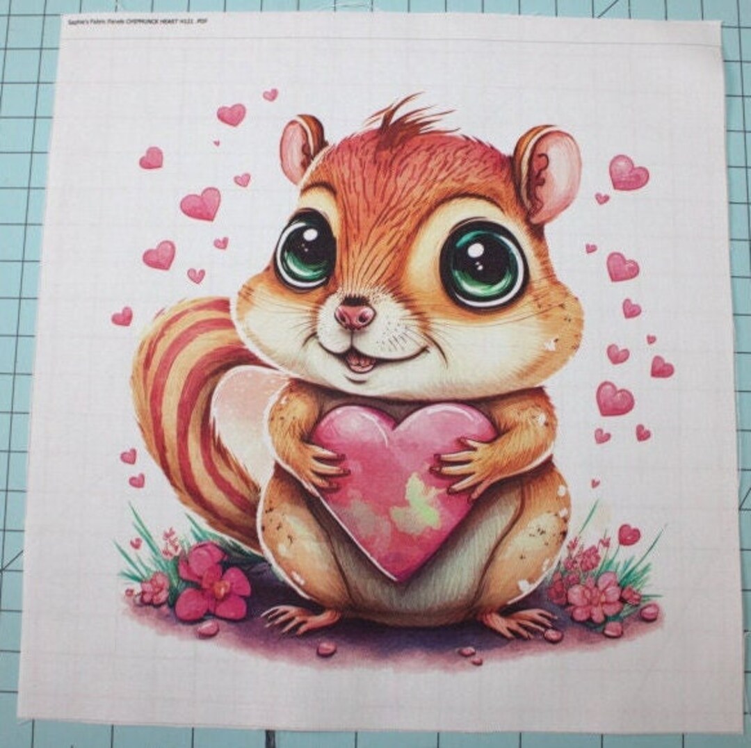 Chipmunk With Hearts 100% Cotton Fabric Panel Square Small Quilting ...