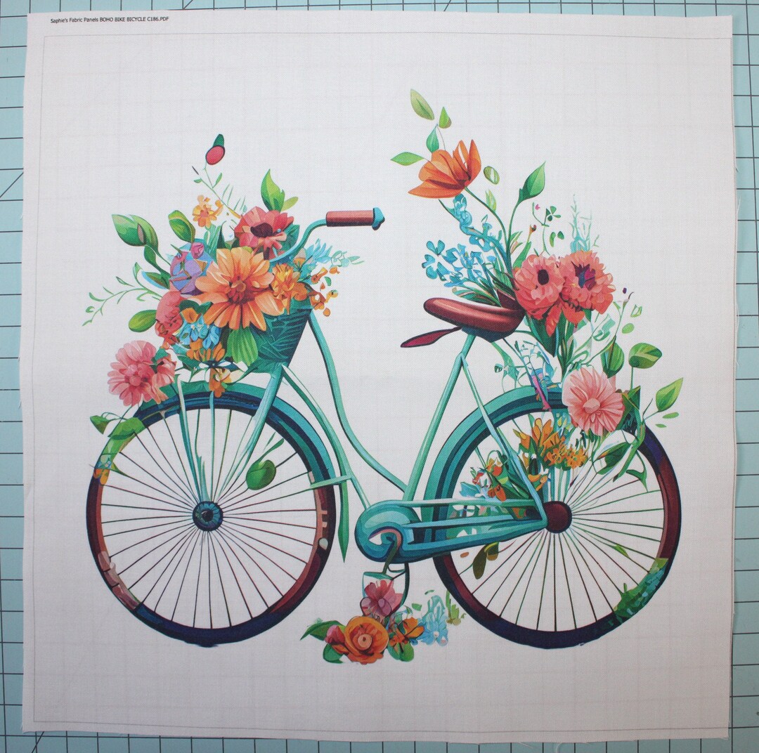 Bicycle With Flowers 100% Cotton Fabric Panel Square Small Quilting ...