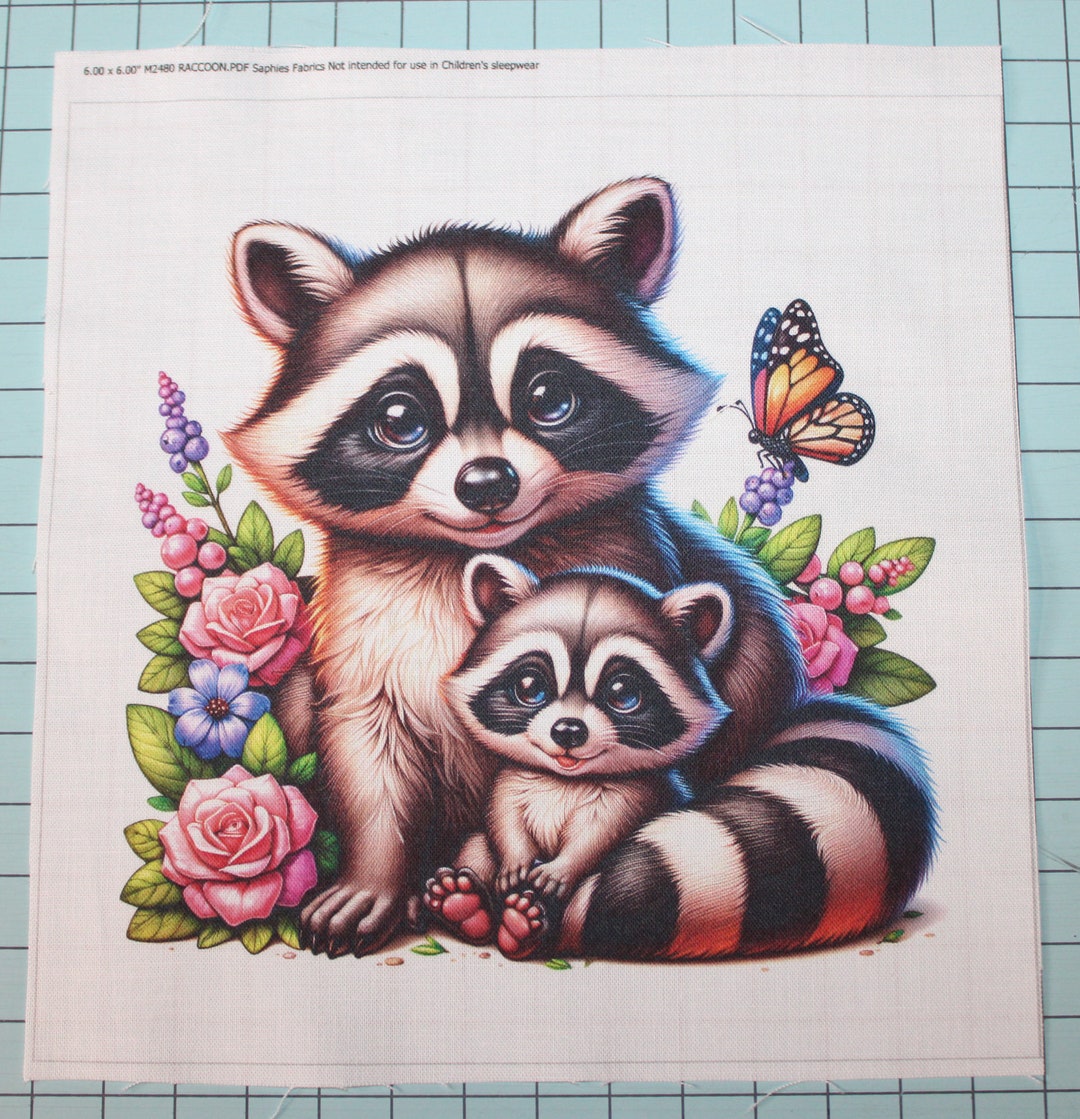 Raccoons 100% Cotton Fabric Panel Square Small Sewing Quilting Block ...