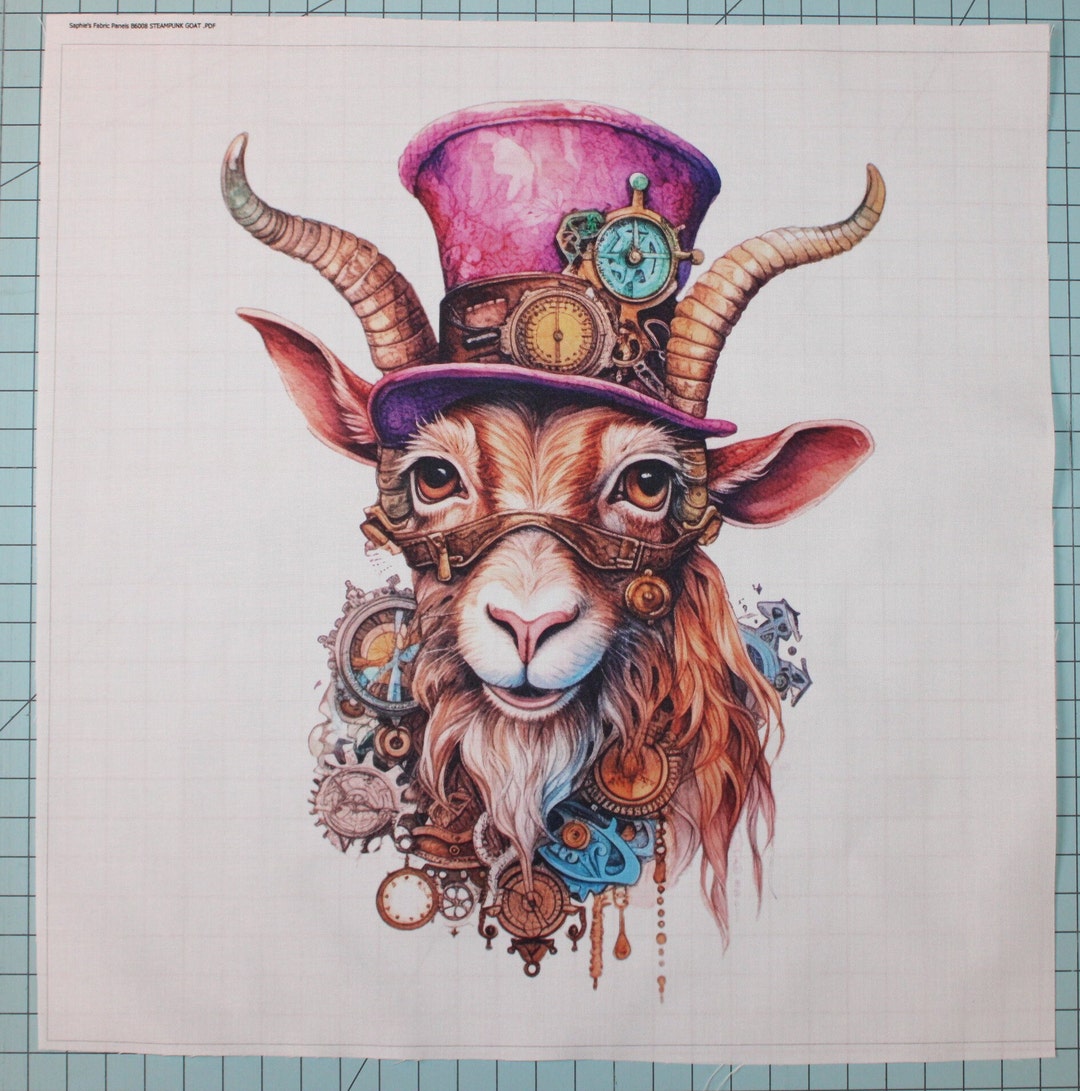 Steampunk Goat 100% Cotton Fabric Panel Square Small Quilting Sewing ...