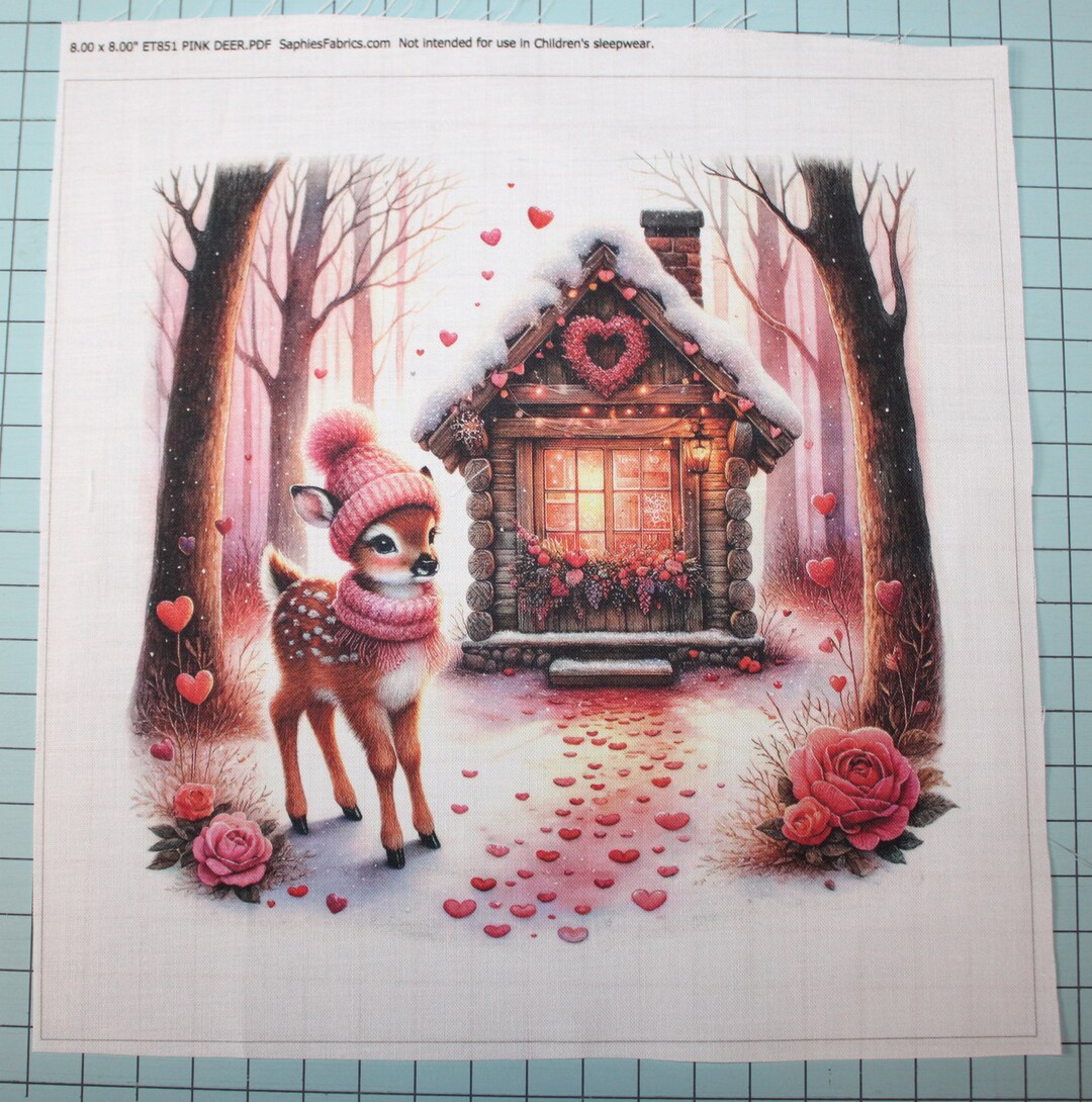 Pink Winter Deer 100% Cotton Fabric Panel Block Small Sewing Quilting ...