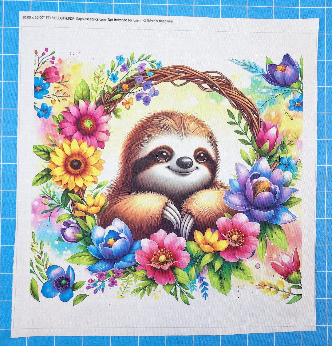 Floral Sloth 100% Cotton Fabric Panel Square - Small Sewing Quilting ...