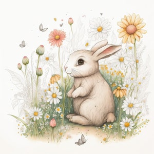 Bunny Rabbit Flowers 100% Cotton Fabric Panel Square Small Quilting ...