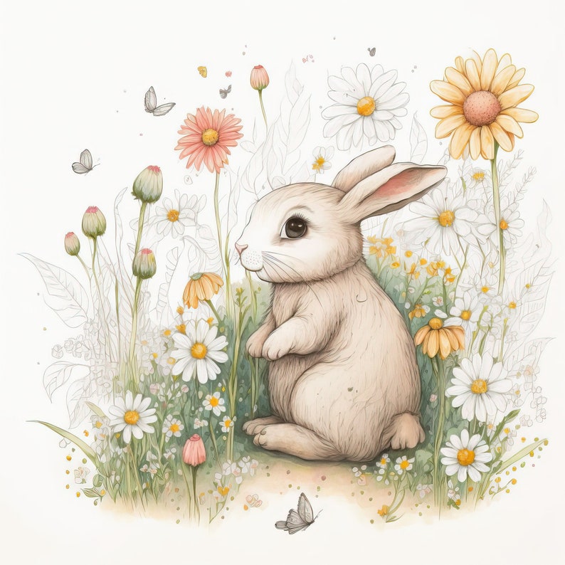 Bunny Rabbit Flowers 100% Cotton Fabric Panel Square - Etsy