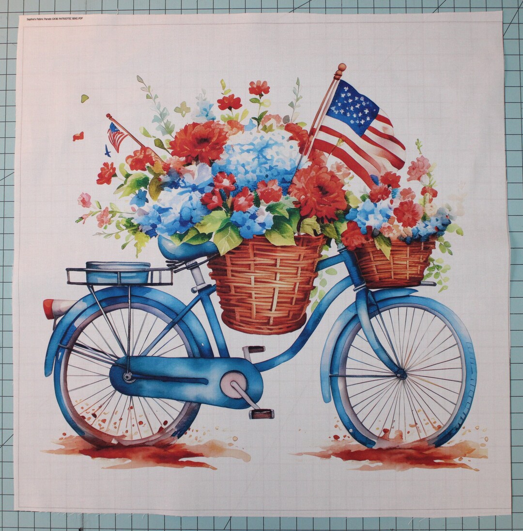 Patriotic Bicycle Bike 100% Cotton Fabric Panel Square Small Quilting ...