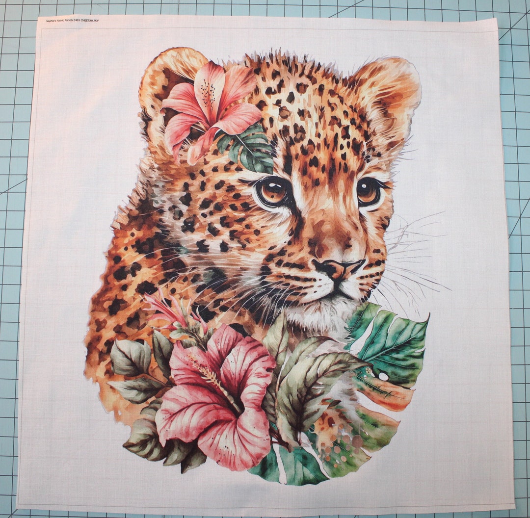 Young Cheetah Flowers 100% Cotton Fabric Panel Square Small Quilting ...