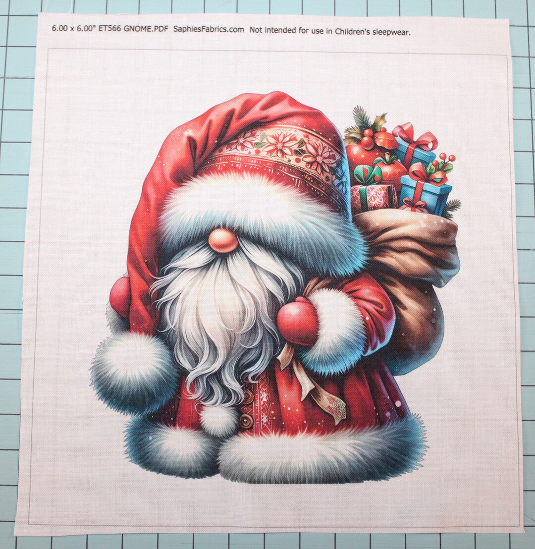 Gnome Santa 100% Cotton Fabric Panel Square Small Sewing Quilting Block ...