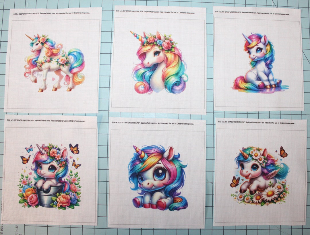6 Piece Mini 3x3 Unicorns Fabric Panel Blocks 100% Cotton Mini Fabric ...