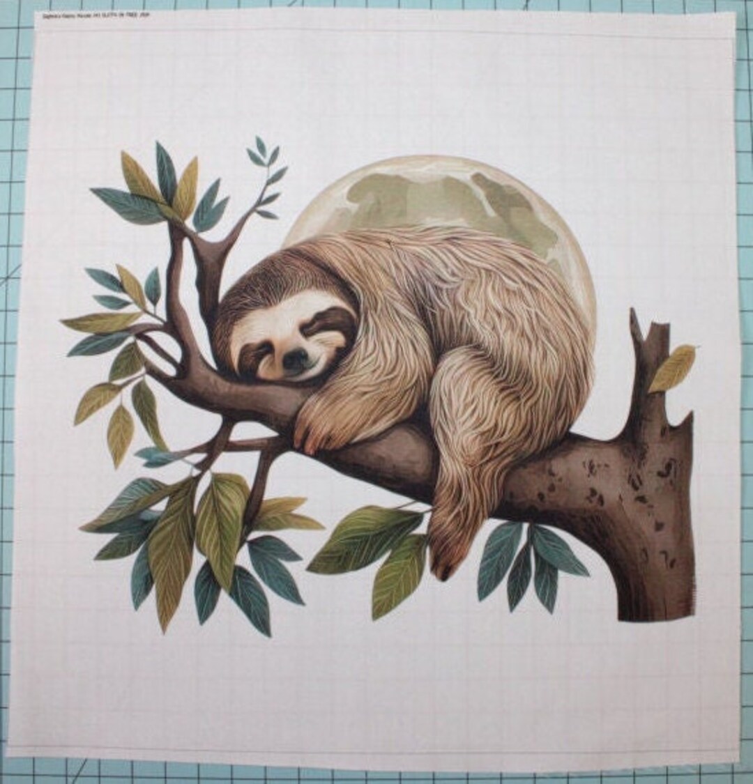 Sloth in Tree 100% Cotton Fabric Panel Square Small Quilting Sewing ...