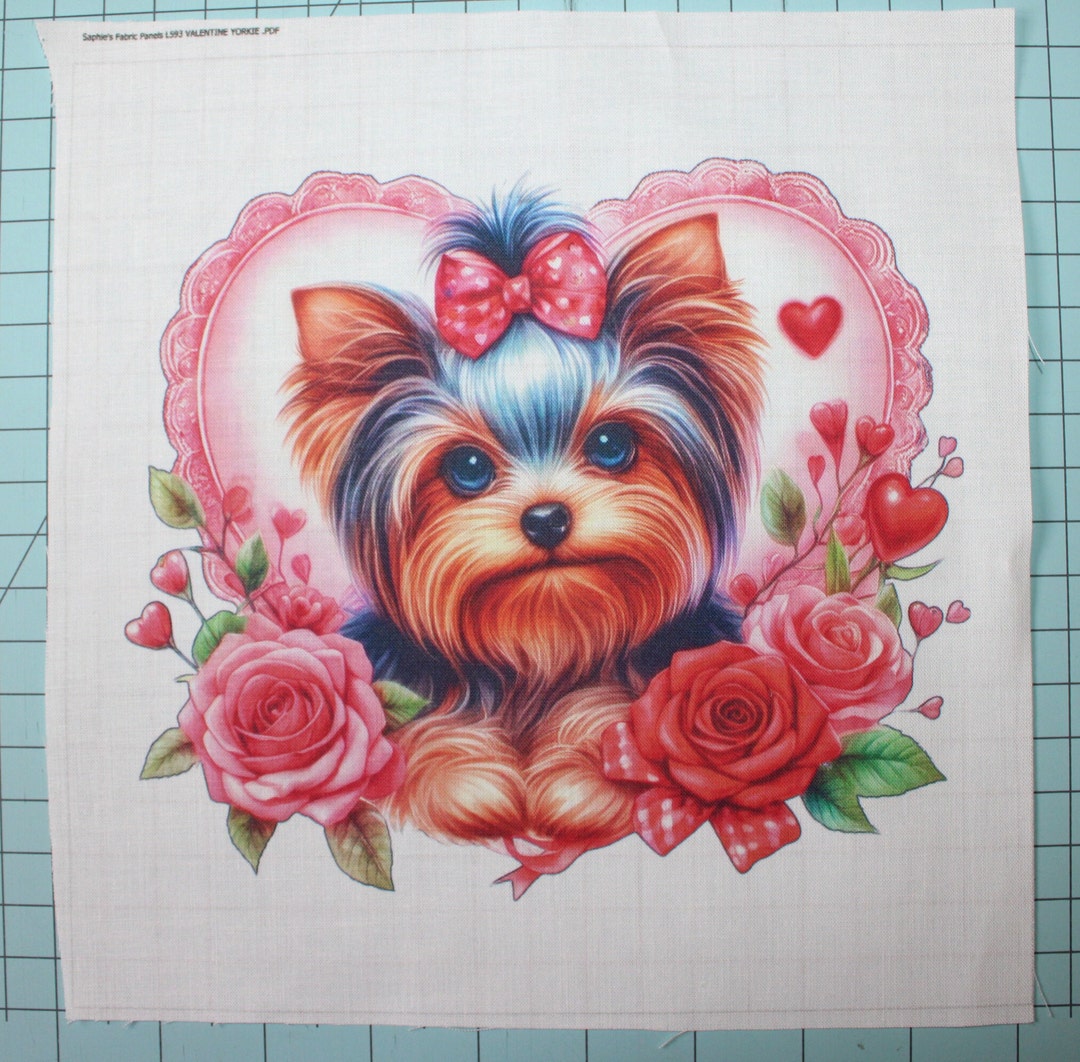Valentine Yorkie 100% Cotton Fabric Panel Block Small Quilting Sewing ...