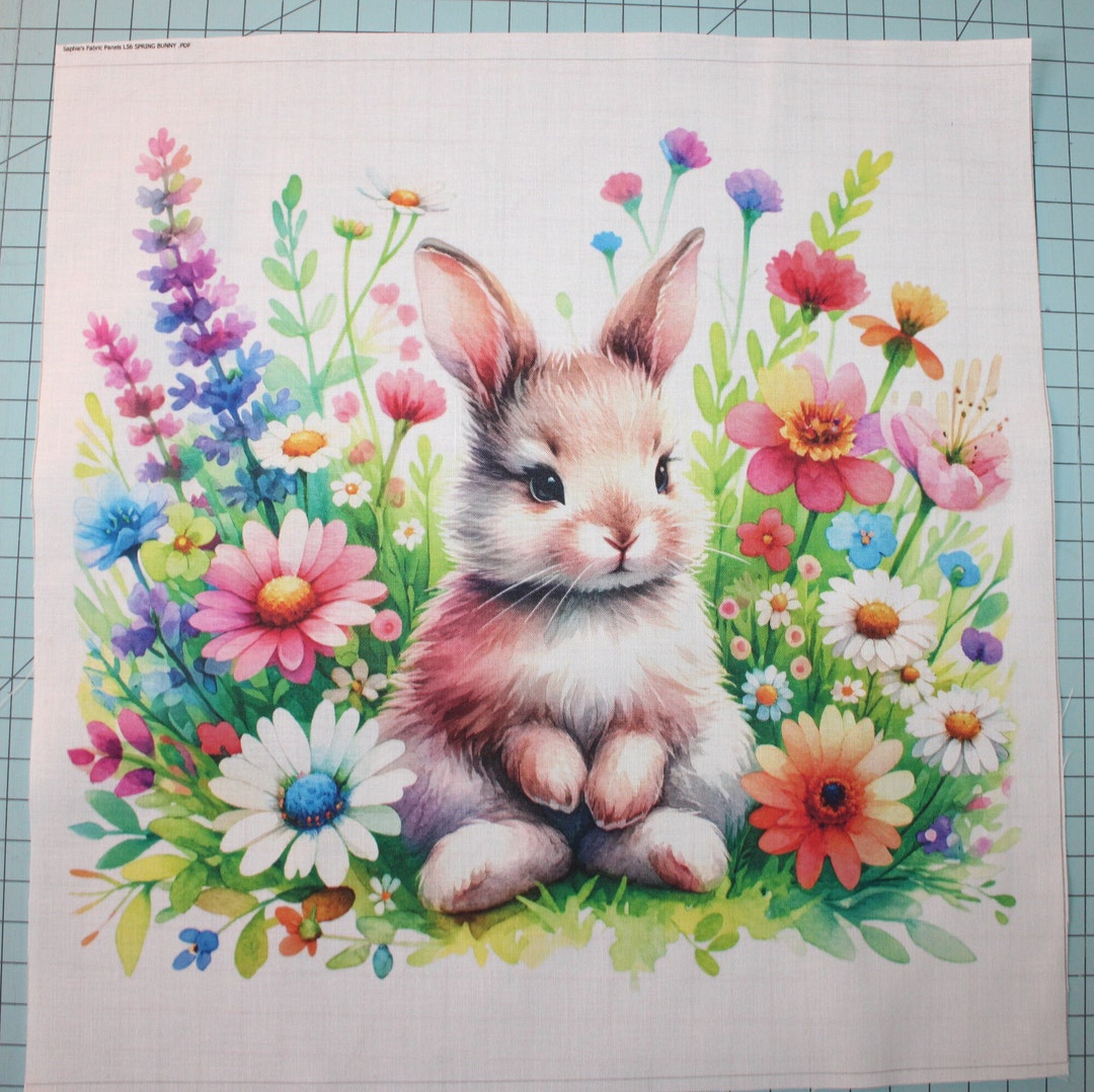 Spring Flowers Bunny Rabbit 100% Cotton Fabric Panel Square Small ...