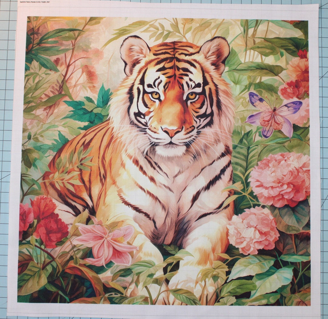 Tiger Floral 100% Cotton Fabric Panel Square Small Quilting Sewing ...