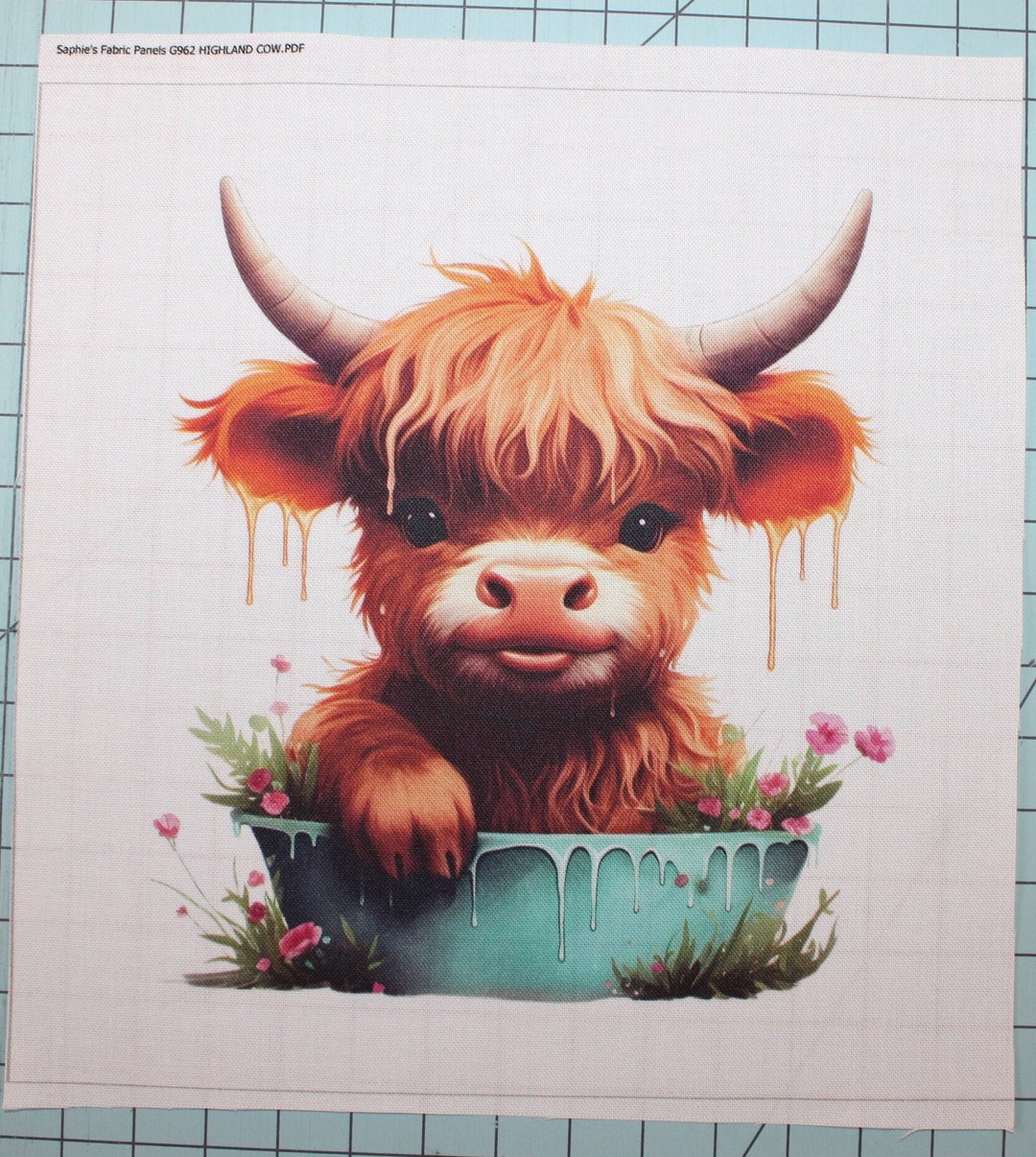 Baby Highland Cow 100% Cotton Fabric Panel Block Small Sewing Quilting ...