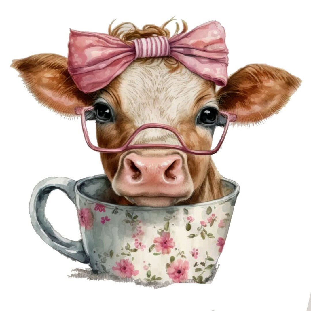 Cow With Bow in Coffee Cup 100% Cotton Fabric Panel Square Small ...