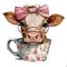 Cow With Bow in Coffee Cup 100% Cotton Fabric Panel Square Small ...