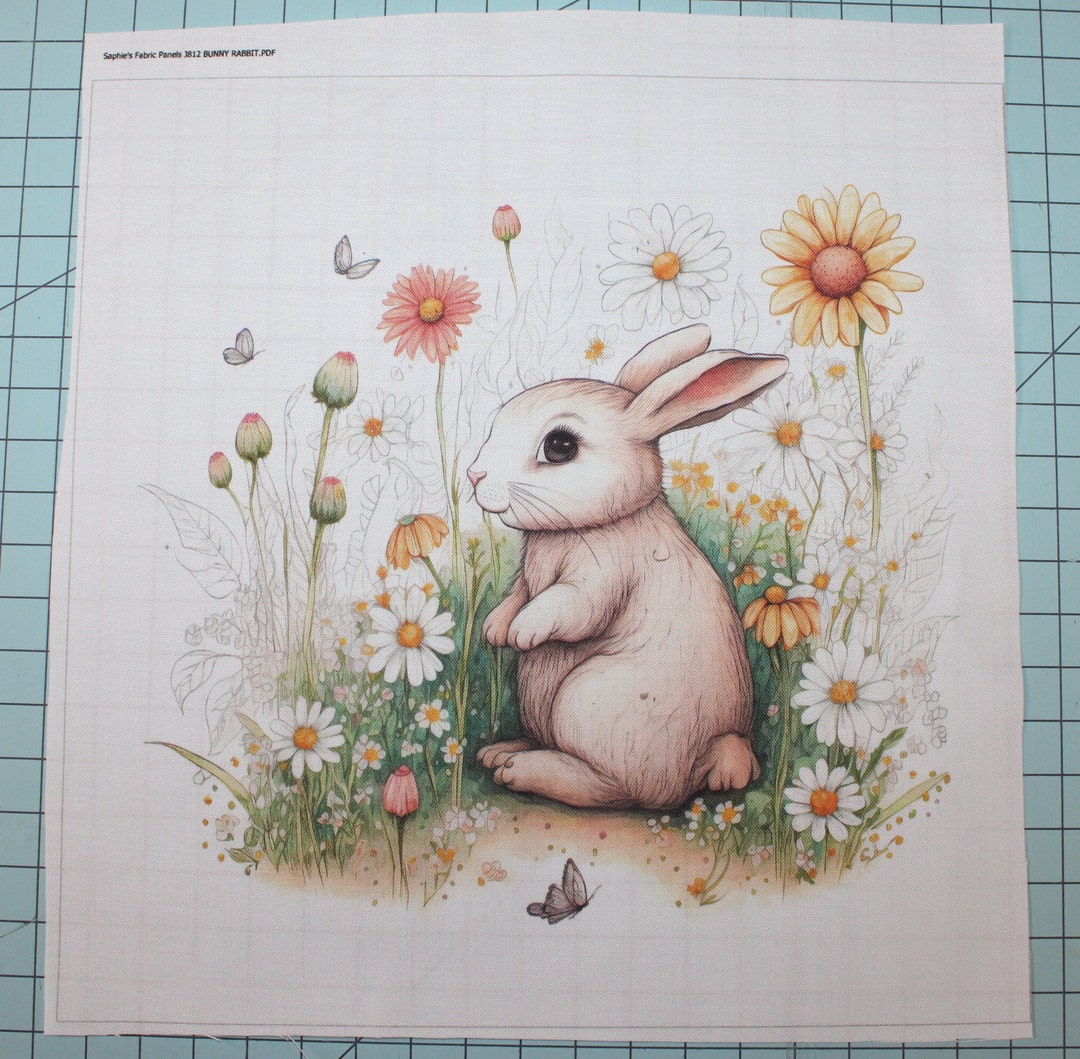 Bunny Rabbit Flowers 100% Cotton Fabric Panel Square Small Quilting ...